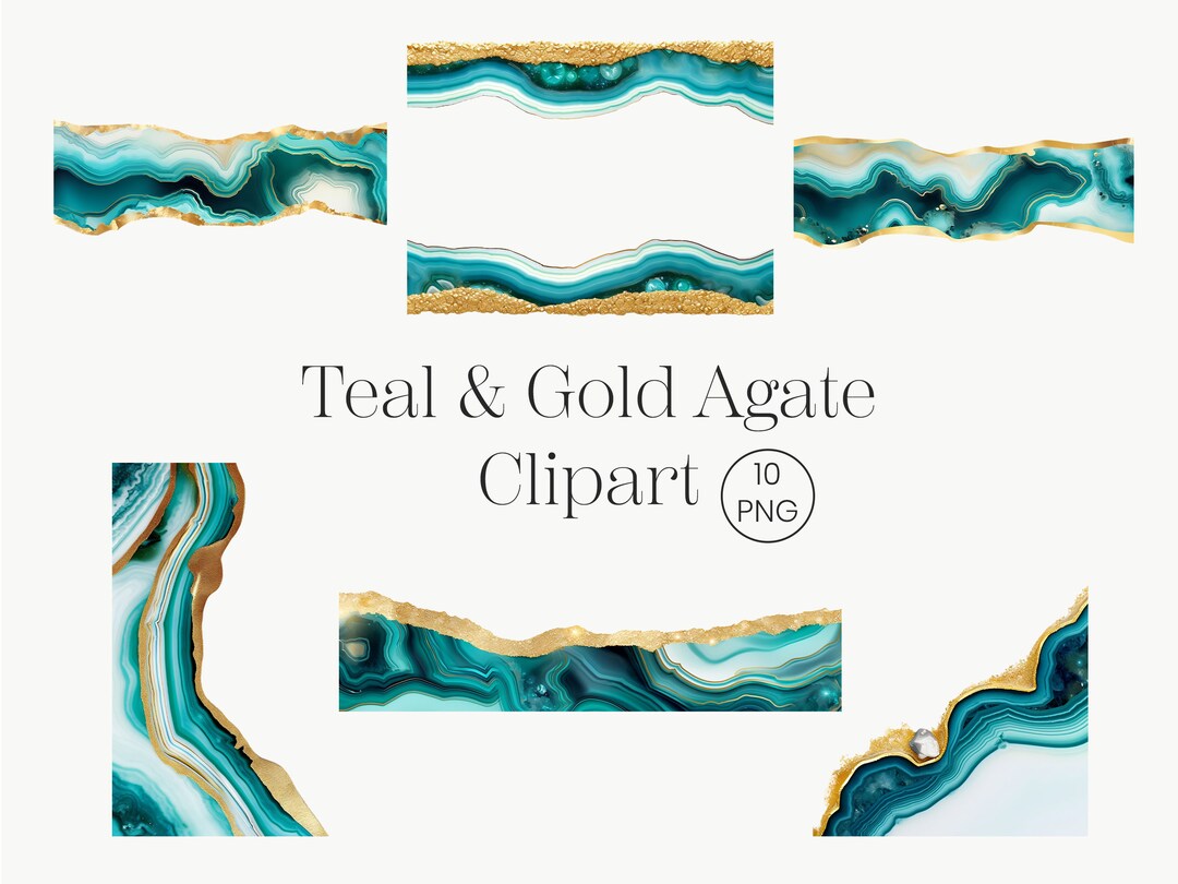 Teal & Gold Agate Borders Clipart: PNG Geode Overlays (digital Download ...