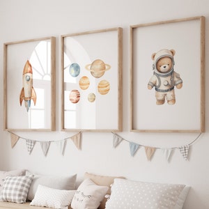 Boho Space Nursery Prints: Teddy Bear Astronaut, Rocket, Planets ...