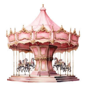 Pink Carousel Watercolor Clipart | 10 JPG | Nursery Art Pink Carousel ...