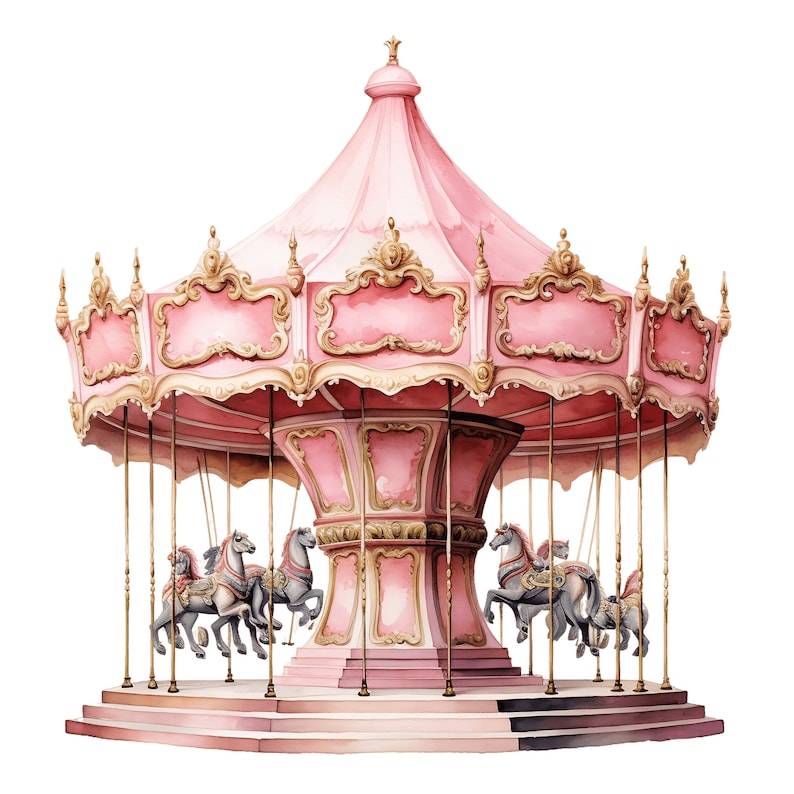 Pink Carousel Watercolor Clipart 10 JPG Nursery Art Pink Carousel Horse ...