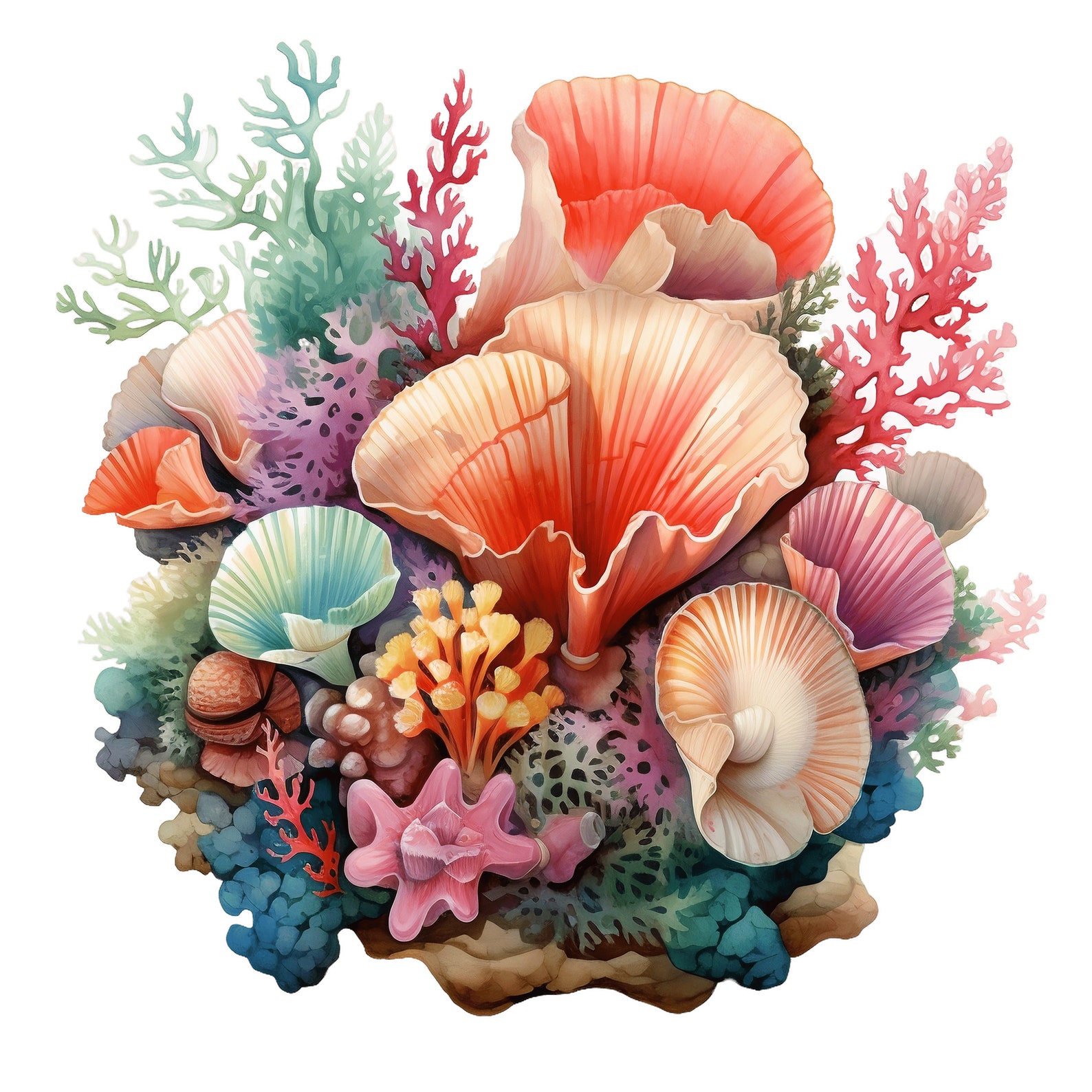 Watercolor Seashell Clipart, 10 Jpg, Coral Reef Seashells Clipart Ocean ...