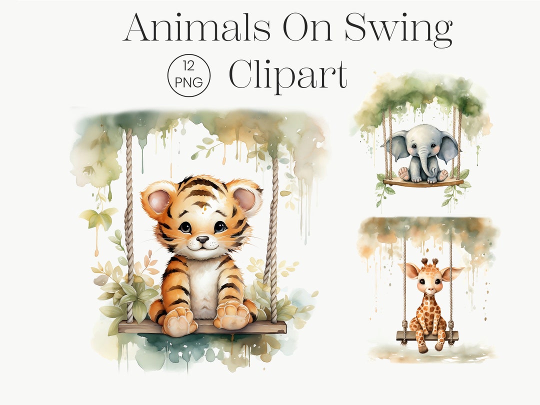 Baby Animals on Swings Set of 12 Transparent PNG, Cute Safari Animals ...