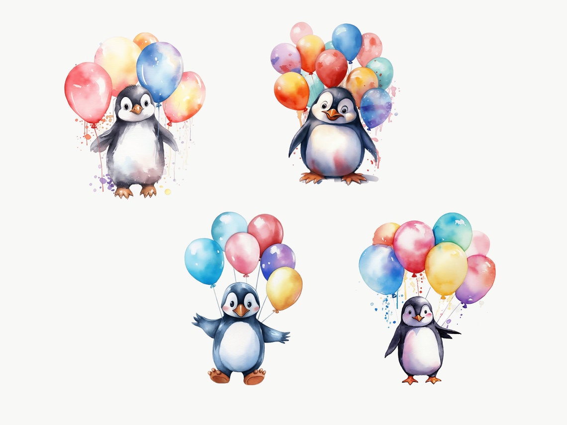 Penguin With Ballons Watercolor Clipart 10 Transparent - Etsy