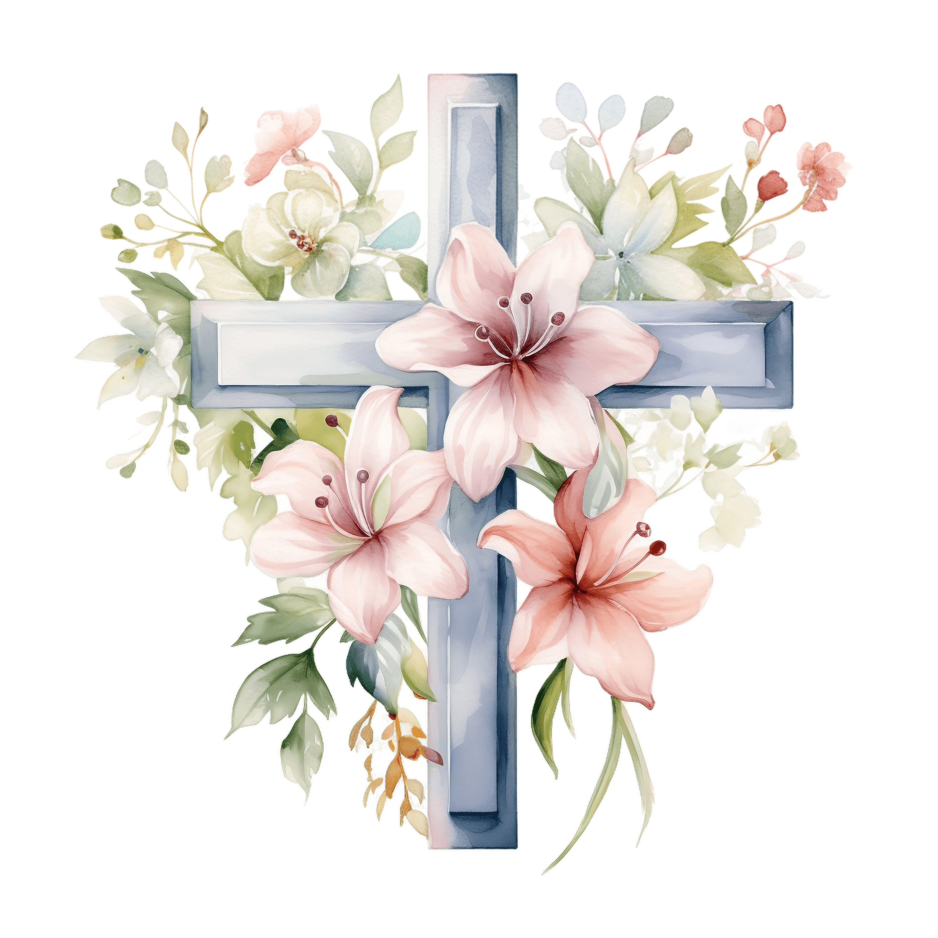 Flower Cross Watercolor, Lily Cross Watercolor, Pastel Clipart Cross ...