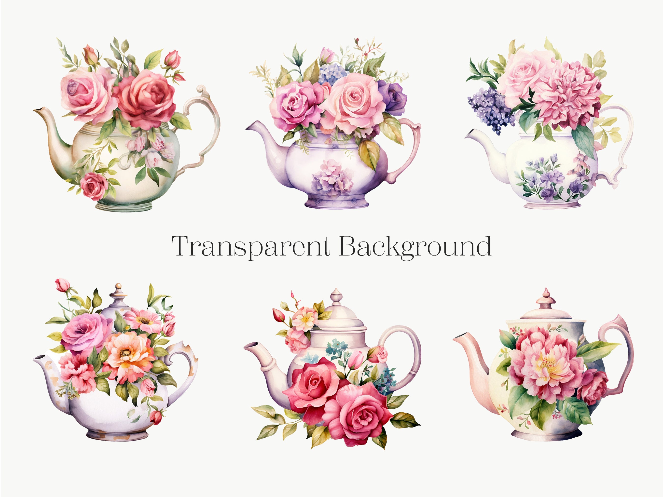 Vintage Floral Teapot Watercolor Clipart: 10 PNG Printable Designs ...