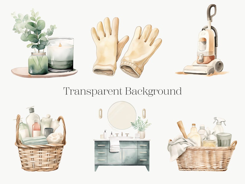 Watercolor Cleaning Clipart Bundle: Housekeeping PNG Images (digital ...