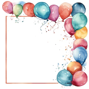 Watercolor Birthday Party Borders and Frames 10 JPG Balloons Clipart ...
