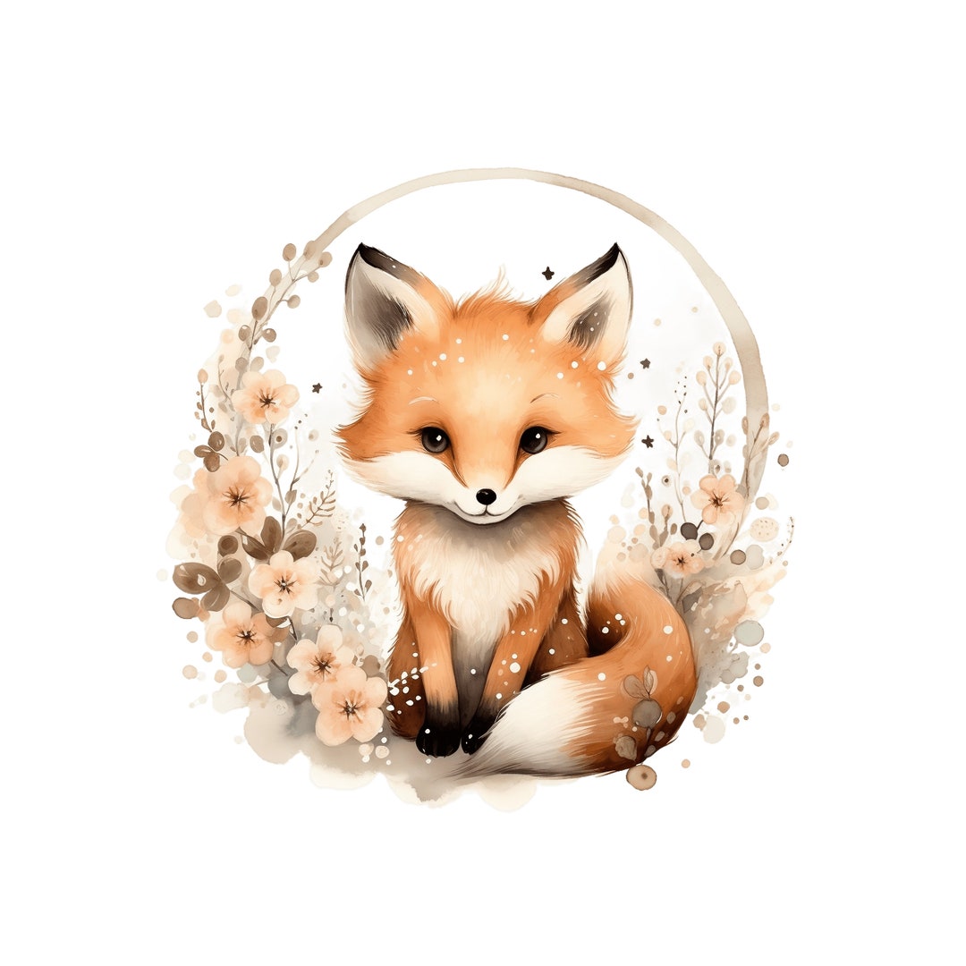 Cute Floral Fox Clipart | 10 JPG | Baby Fox Watercolor Clipart ...