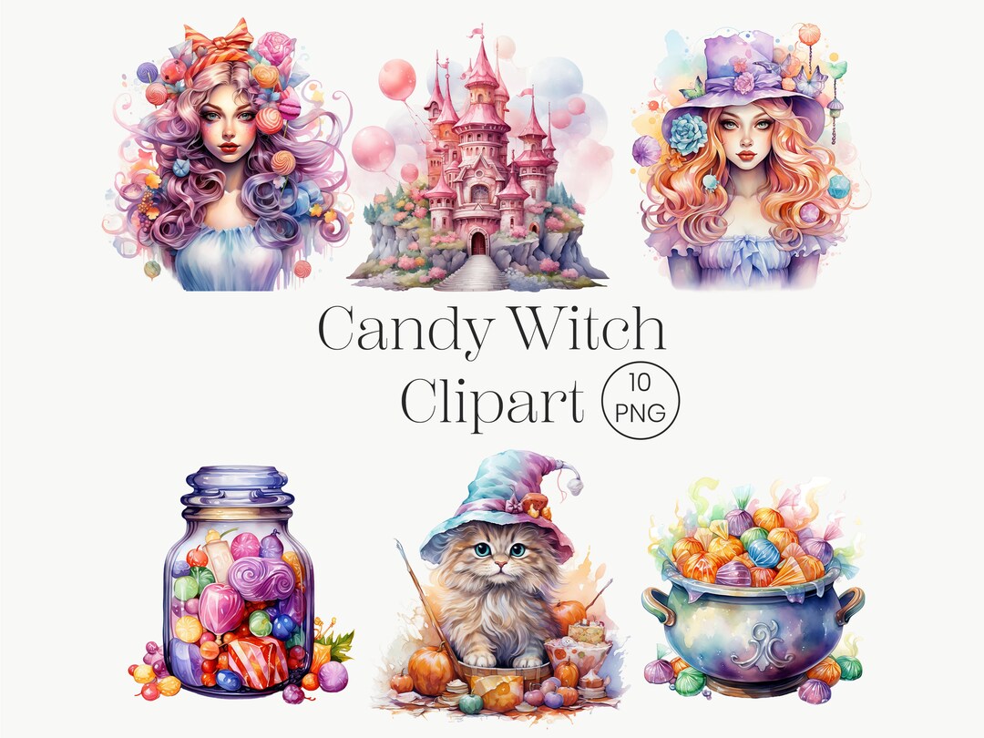 Watercolor Candy Witch Clipart 10 PNG Fantasy Clipart Printable Light ...