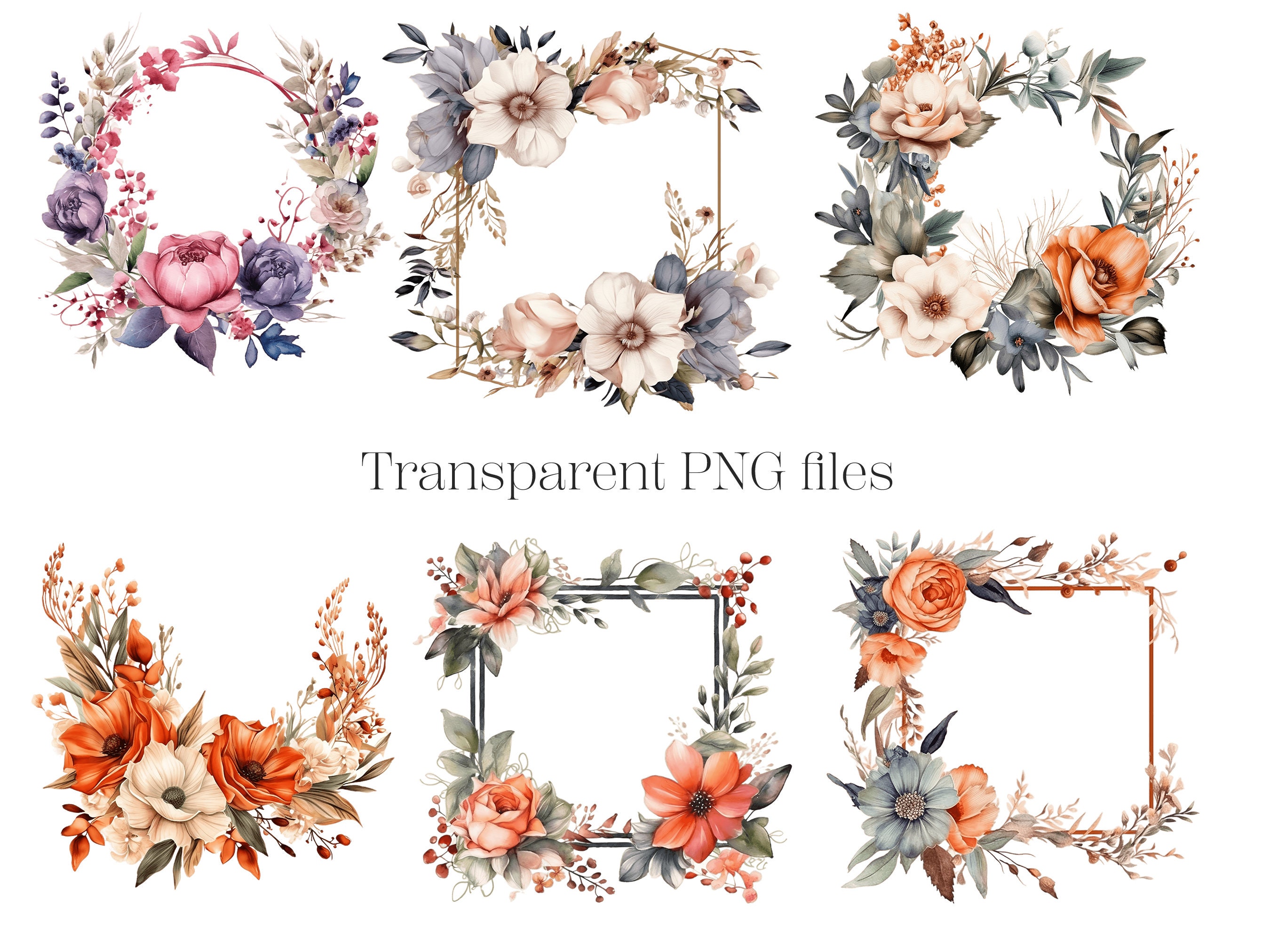 Watercolor Wedding Flower Frames Clip Art 10 Transparent PNG - Etsy