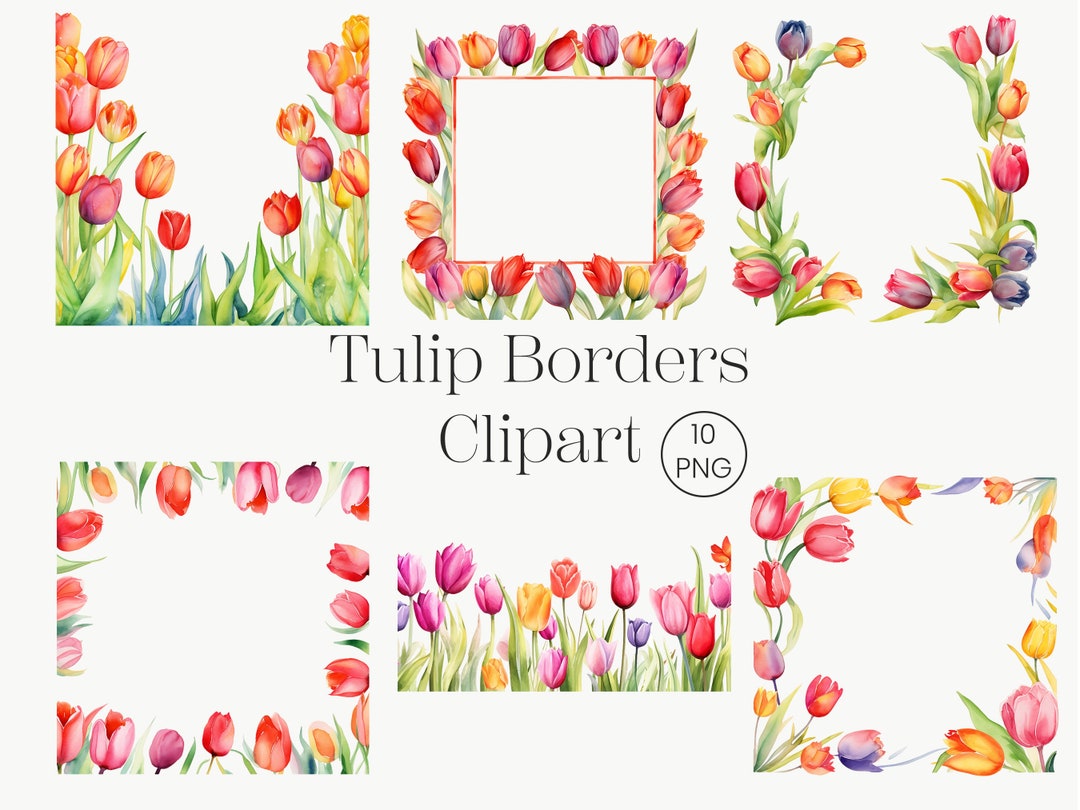 Watercolor Tulips Borders Clipart, 10 PNG Tulip Clipart, Colorful ...