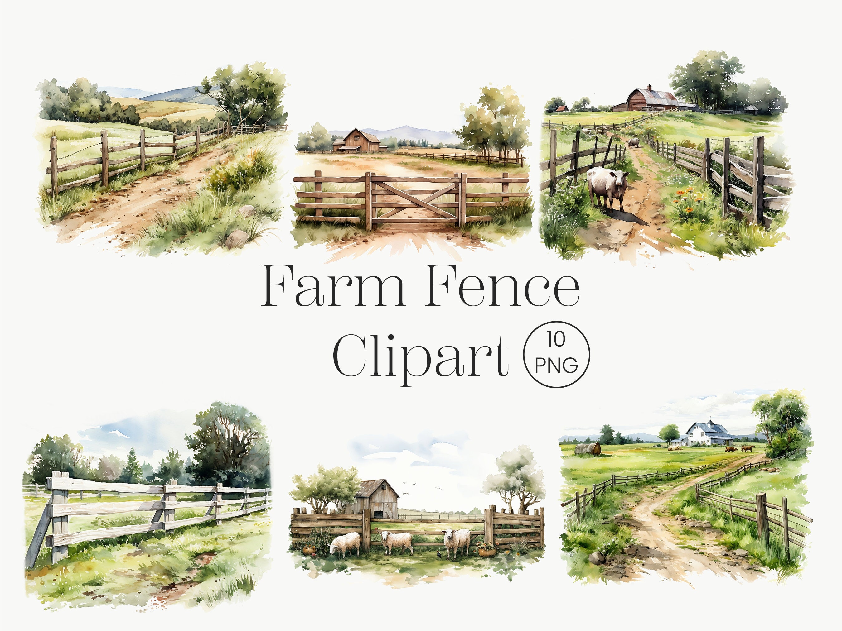 Watercolor Farm Fences Clipart 10 Pngs Farmhouse Clipart - Etsy
