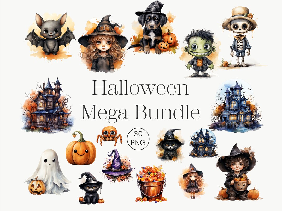 Halloween Clipart Bundle | 30 Transparent PNG | Cute Ghost Vampire Bat ...