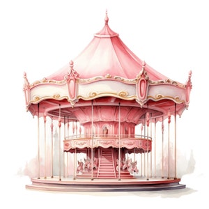 Pink Carousel Watercolor Clipart | 10 JPG | Nursery Art Pink Carousel ...