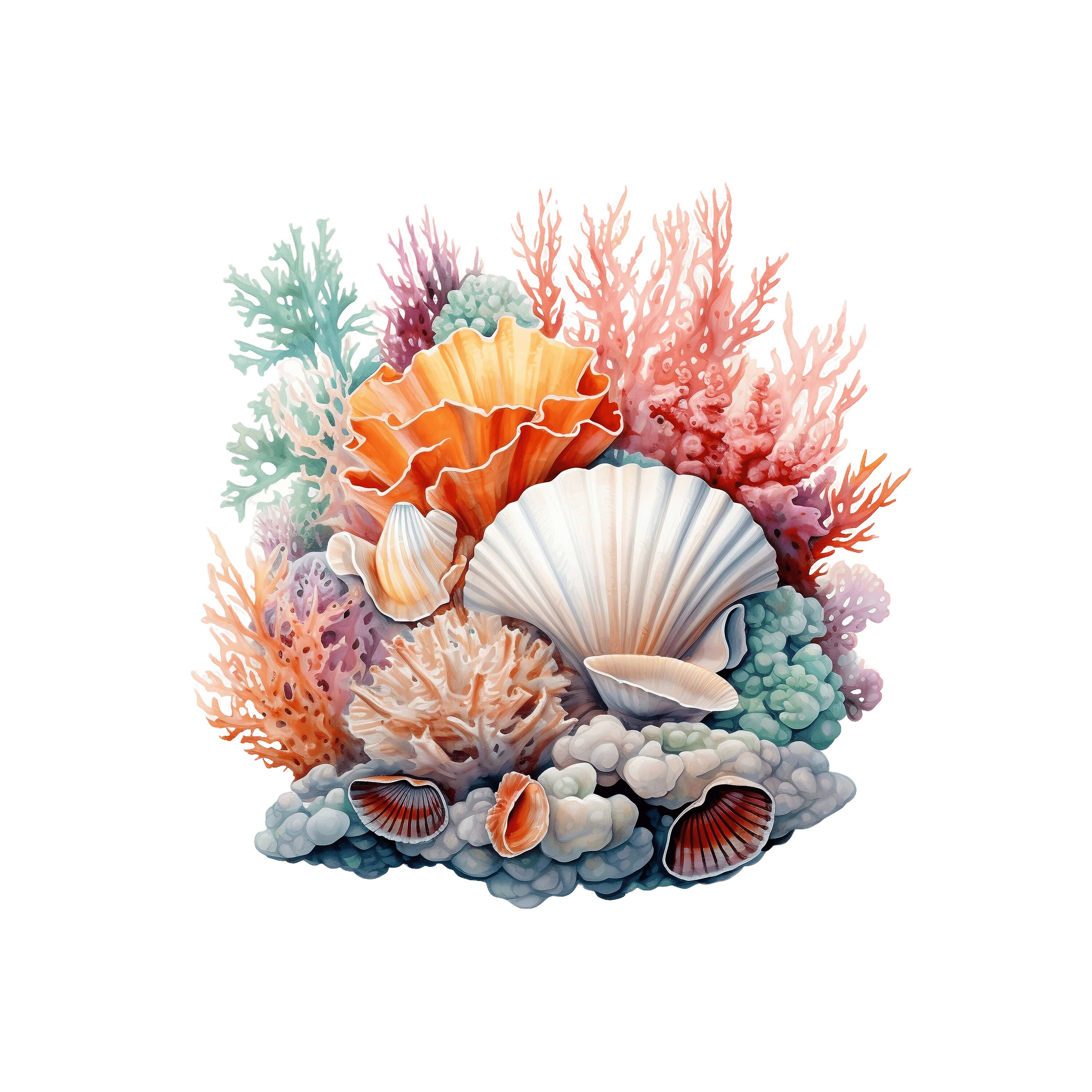 Watercolor Seashell Clipart, 10 Jpg, Coral Reef Seashells Clipart Ocean ...