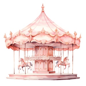 Pink Carousel Watercolor Clipart | 10 JPG | Nursery Art Pink Carousel ...