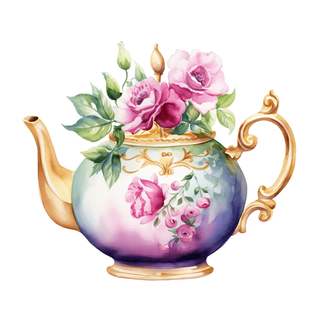 Vintage Floral Teapot Watercolor Clipart: Elegant Printable (digital ...