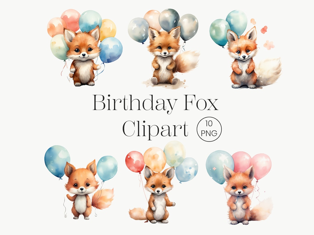 Watercolor Fox Birthday Clipart | 10 Transparent PNG | Cute Fox Happy ...