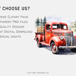 Watercolor Red Pickup Truck Clipart, 10 PNG Vintage Farm Truck Farm ...