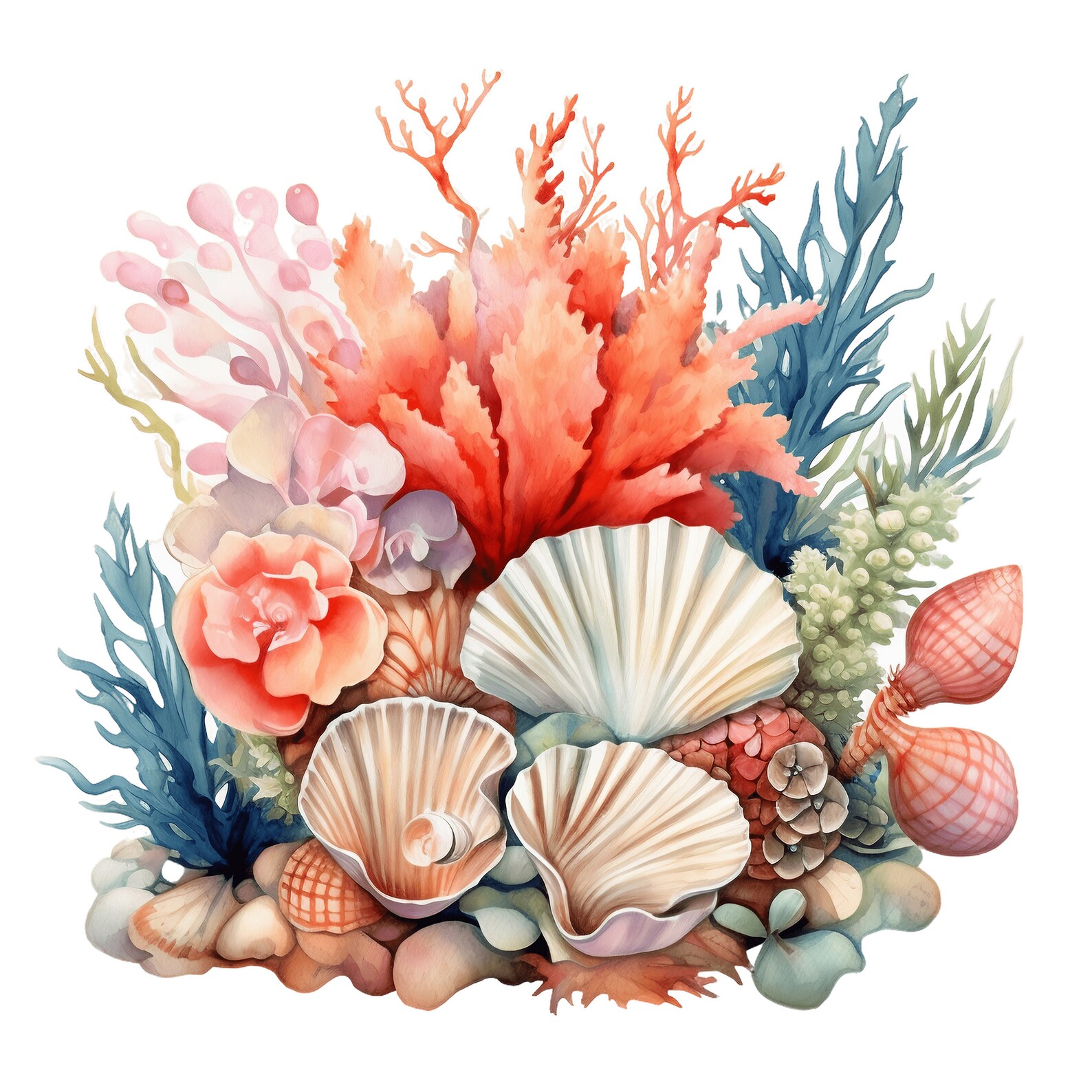 Watercolor Seashell Clipart, 10 Jpg, Coral Reef Seashells Clipart Ocean ...