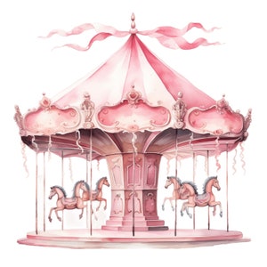 Pink Carousel Watercolor Clipart | 10 JPG | Nursery Art Pink Carousel ...