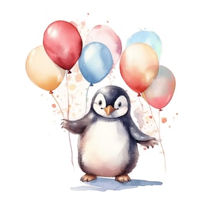 Penguin With Ballons Watercolor Clipart | 10 High Quality JPG | Penguin ...
