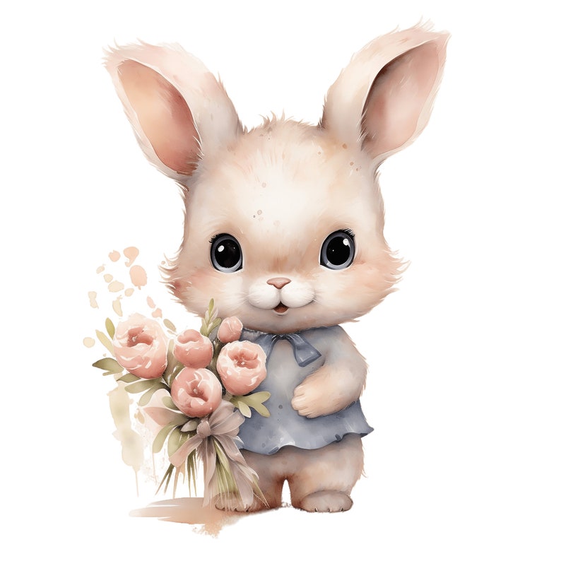 Watercolor Bunnies With Flowers 10 JPG Cute Bunny Watercolor - Etsy
