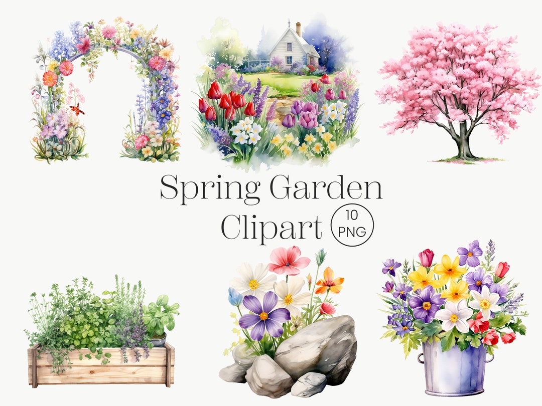 Watercolor Spring Gardens Clipart 10 PNG Spring Garden Illustrations ...