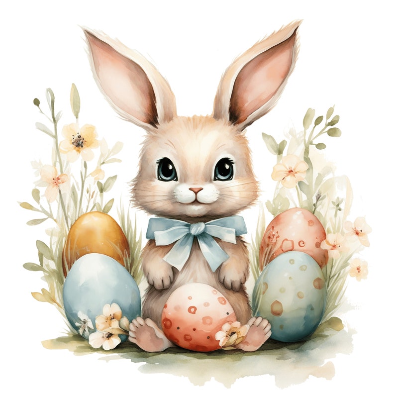 Watercolor Easter Bunny Clipart | 10 JPG | Easter Rabbit With Eggs ...