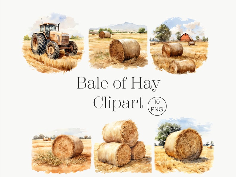 Bale of Hay Clipart Bundle | 10 PNG | Watercolor Farm Landscape ...