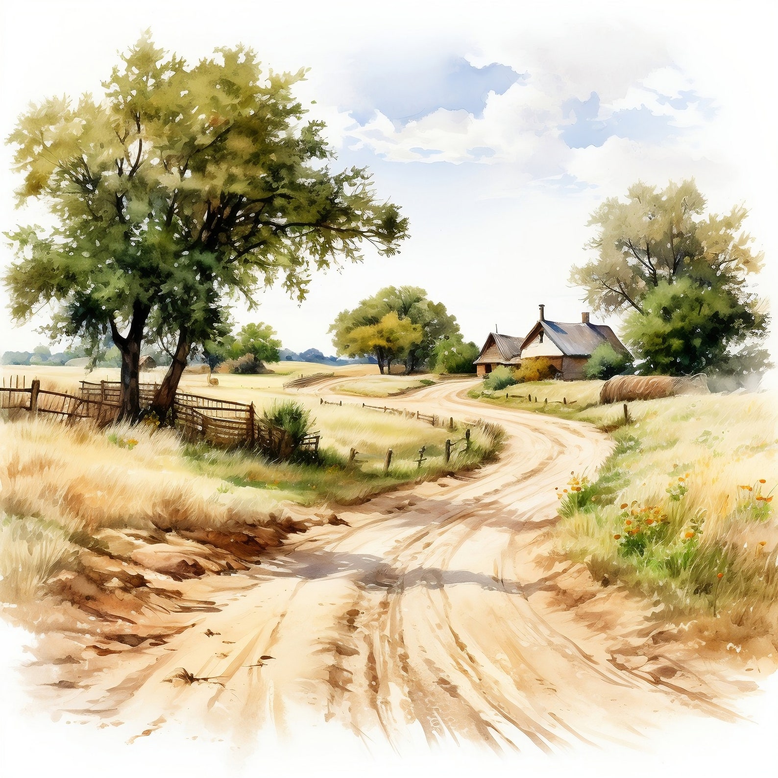 Country Lane Watercolor Clipart | 10 JPG | Farm Country Lane Clipart ...