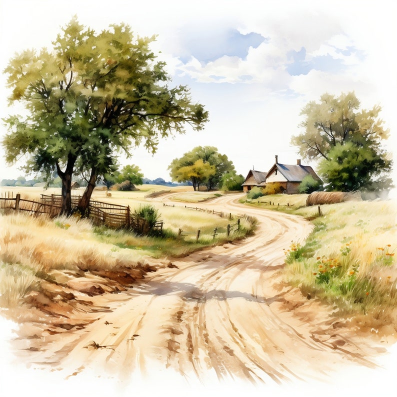 Country Lane Watercolor Clipart | 10 JPG | Farm Country Lane Clipart ...