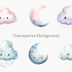 Watercolor Sun, Moon, Cloud Clipart | 10 PNG | Watercolor Weather Clip ...