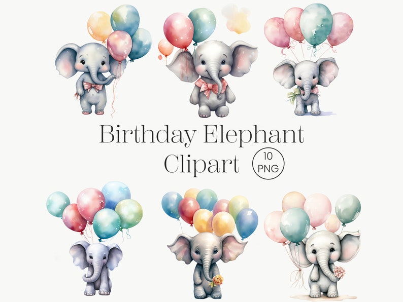 Watercolor Elephant Birthday Clipart: Balloons PNG Bundle (digital ...