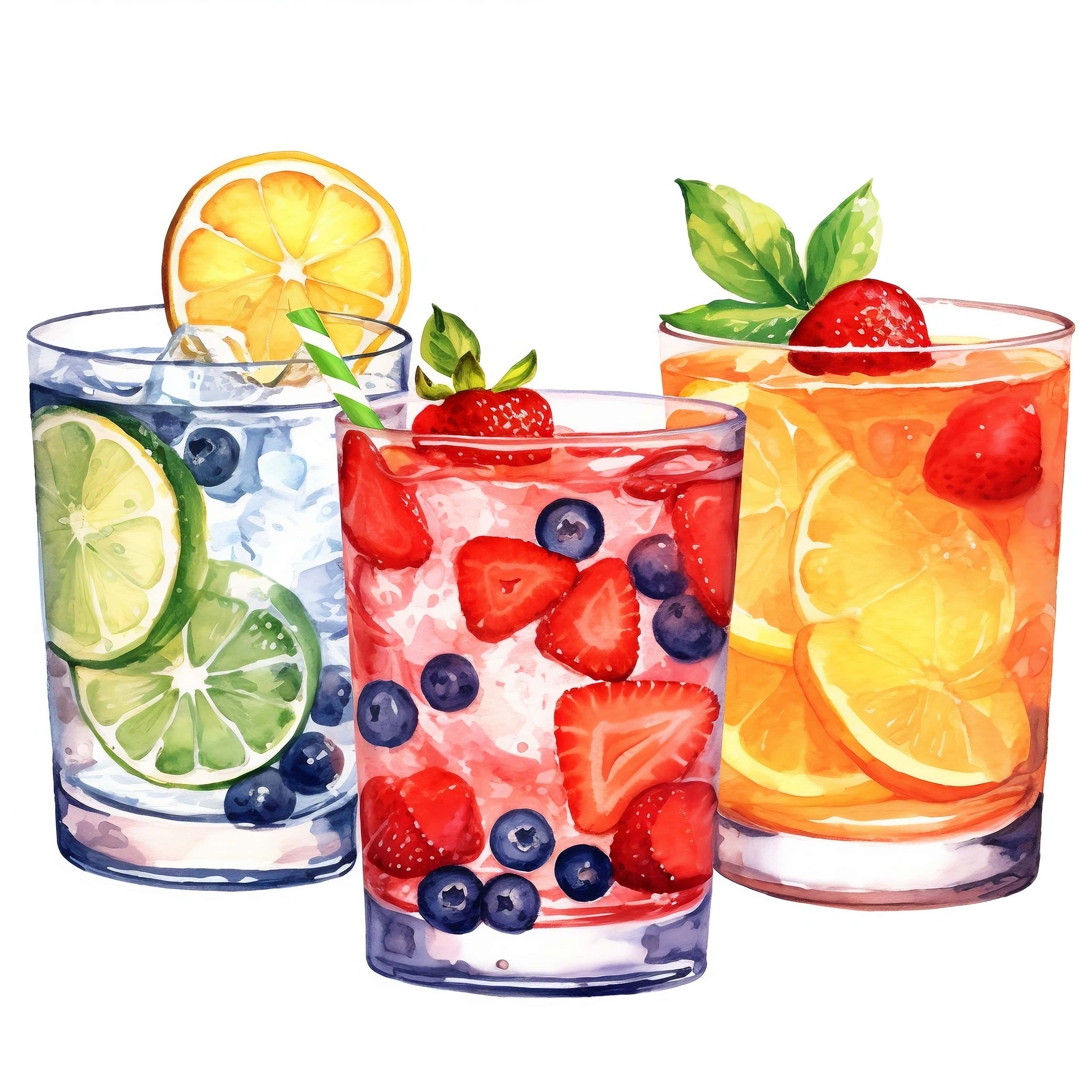 10 Sommer Getränke Cocktails Aquarell Clip Art | JPG-Dateien Clip Art ...
