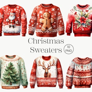 Watercolor Christmas Sweaters Clipart, 10 PNG Files Festive Christmas ...