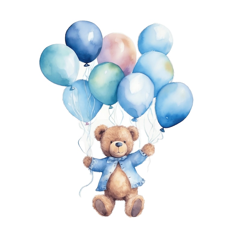 Watercolor Teddy Bear Clipart | Baby Blue Airplane, Balloons (digital ...