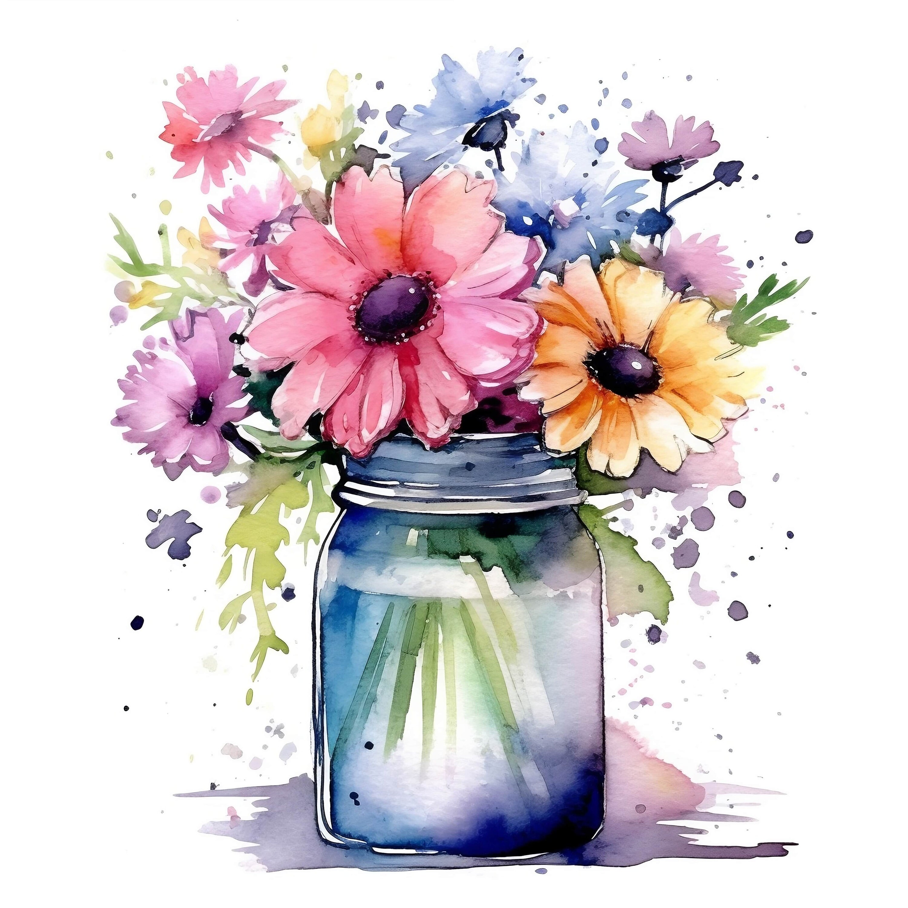 10 Bunte Blumen im Glas Aquarell Clipart JPG-Dateien Clip - Etsy.de