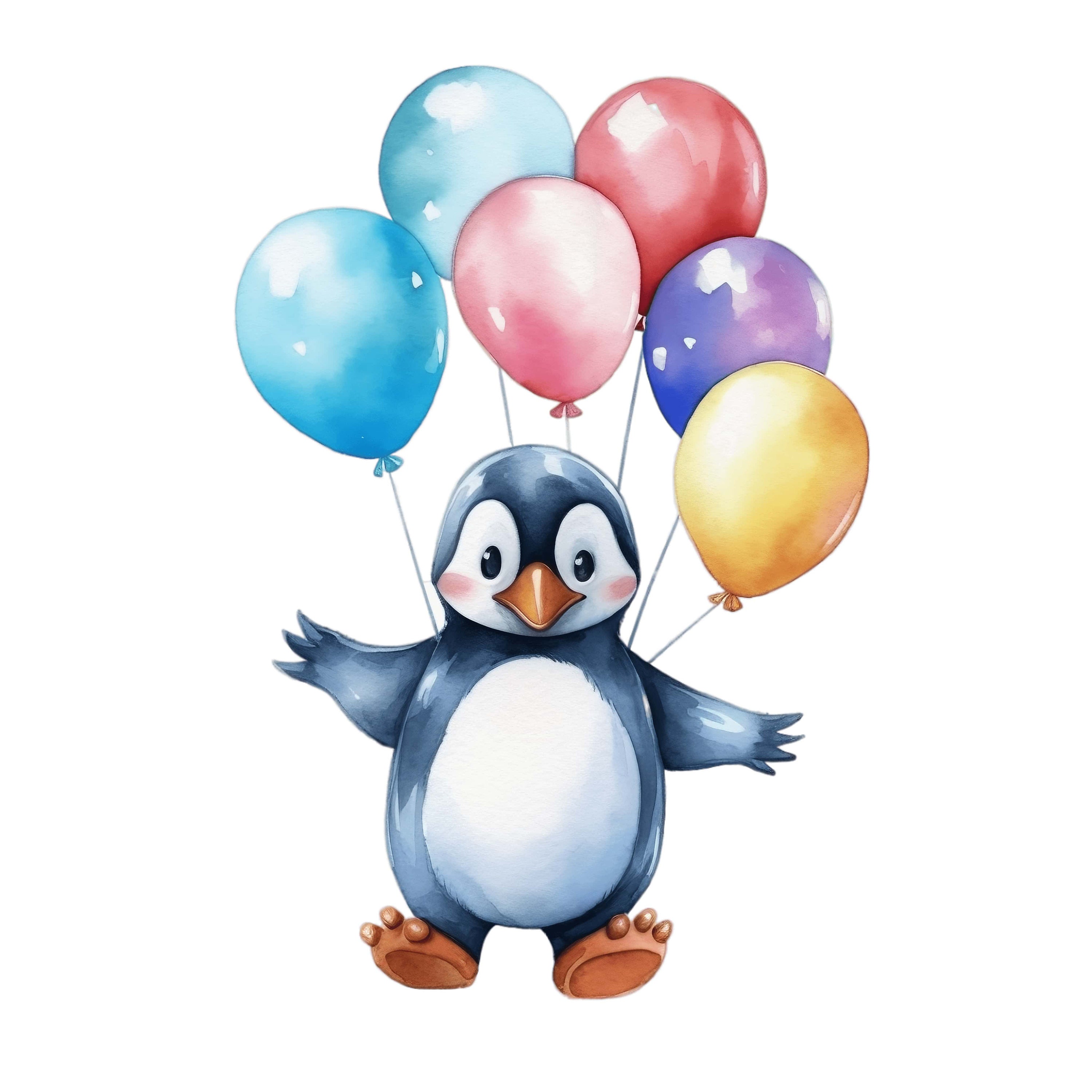 Penguin With Ballons Watercolor Clipart 10 High Quality JPG Penguin ...