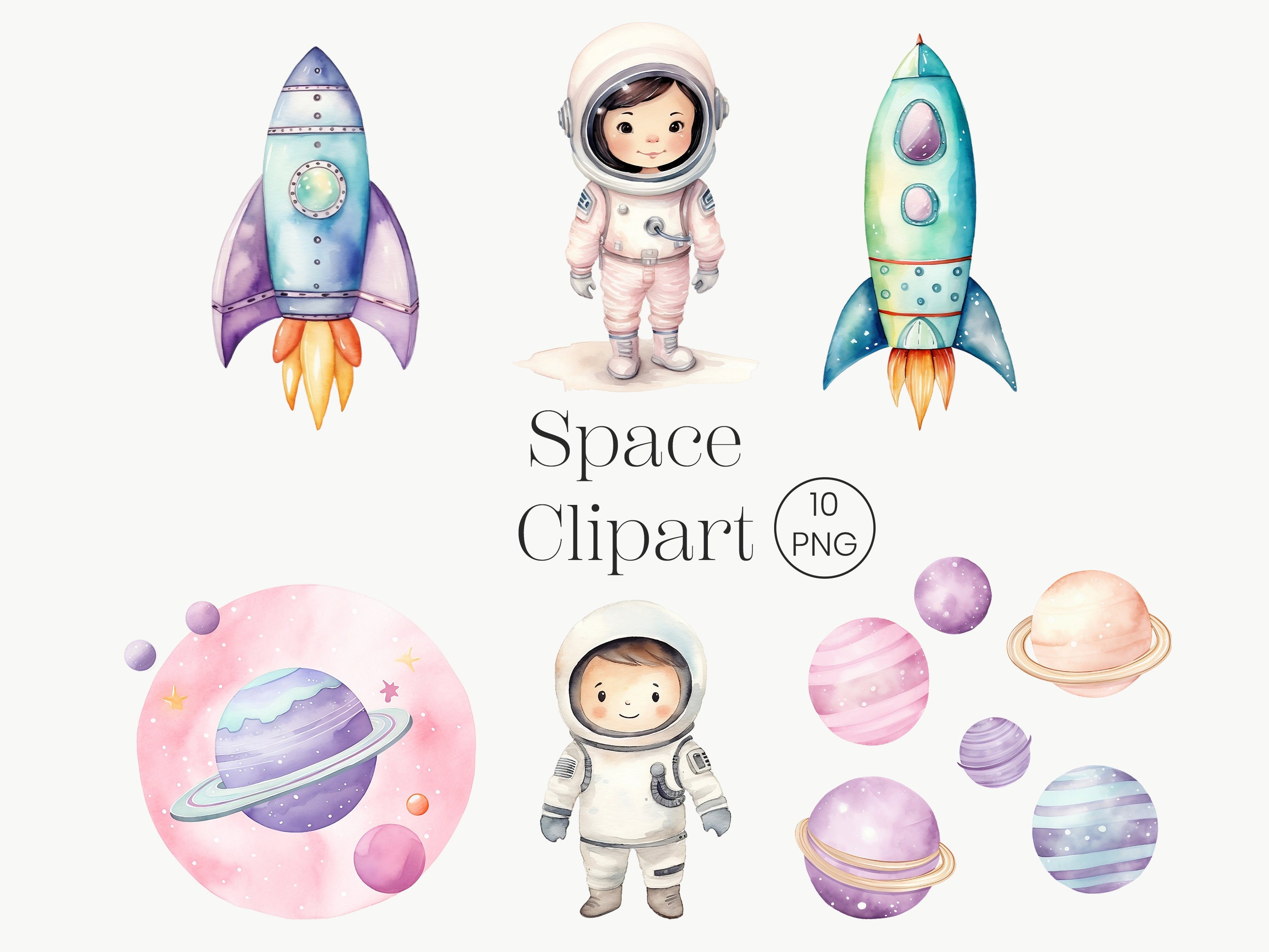 Watercolor Space Clipart Bundle 10 PNG Rocket Clipart, Astronaut ...