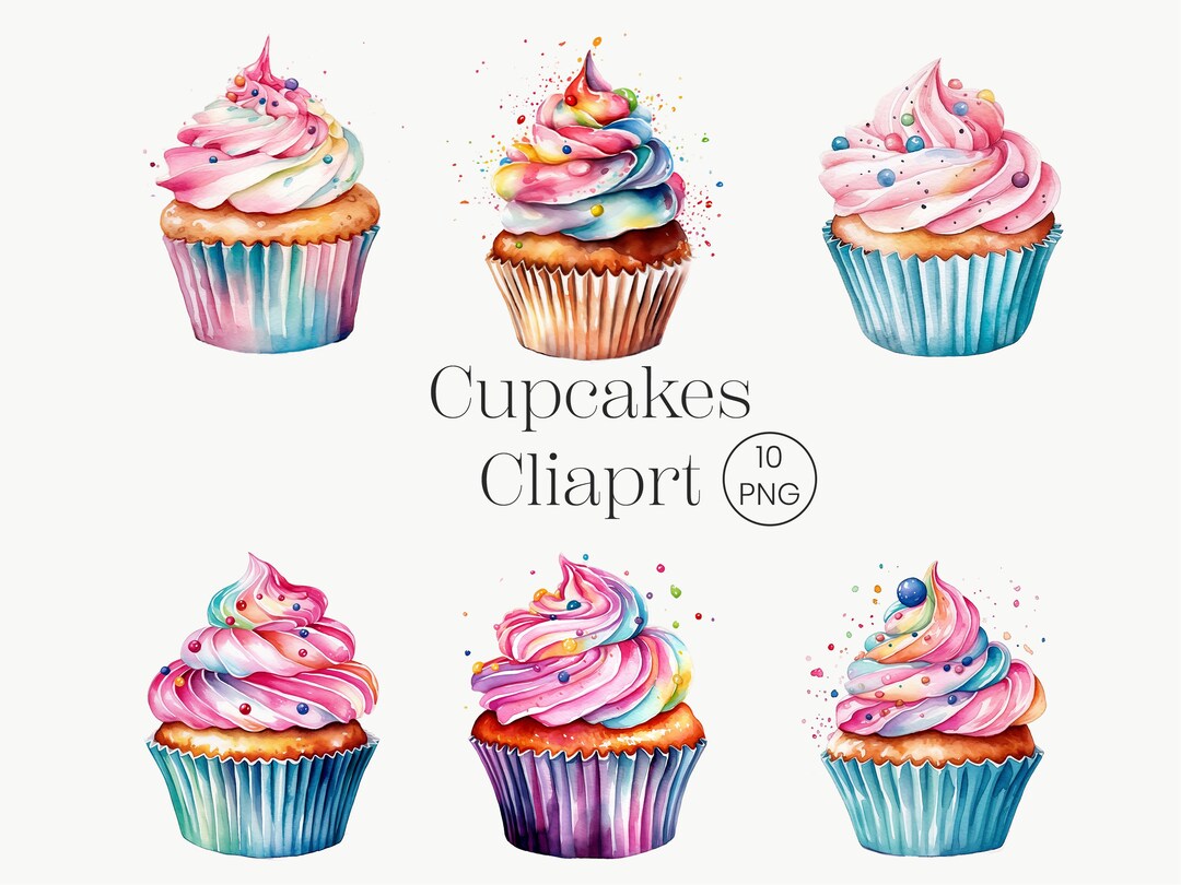 10 Colorful Cupcake Watercolor Clipart | PNG Files Clip Art | Birthday ...