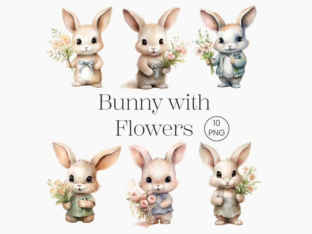 Bunnies With Flowers, 10 Transparent PNG | Cute Bunny Watercolor Bunny ...