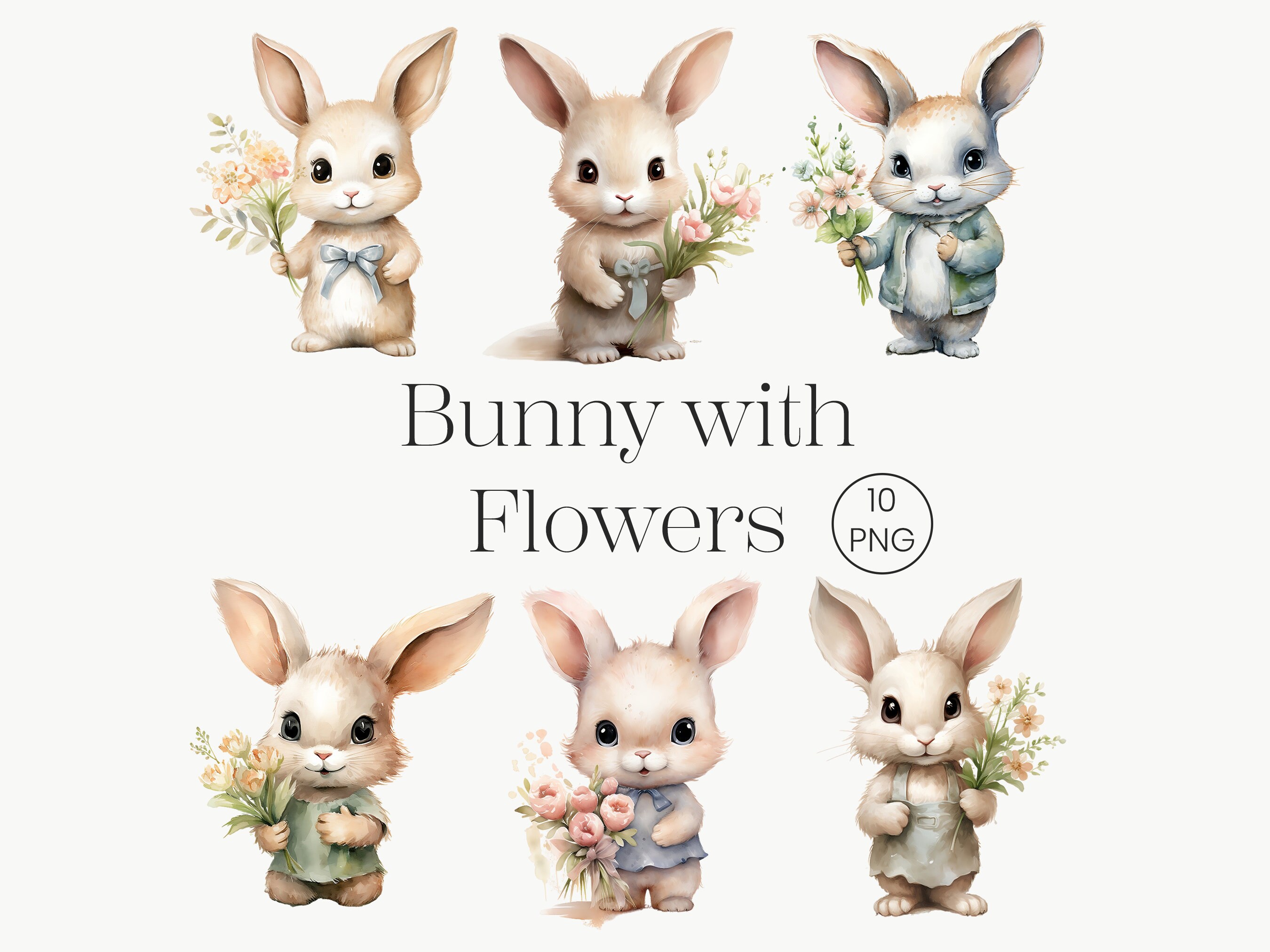 Bunnies With Flowers 10 Transparent PNG Cute Bunny - Etsy