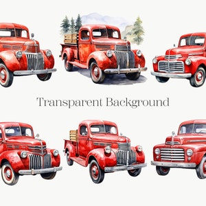 Watercolor Red Pickup Truck Clipart, 10 PNG Vintage Farm Truck Farm ...