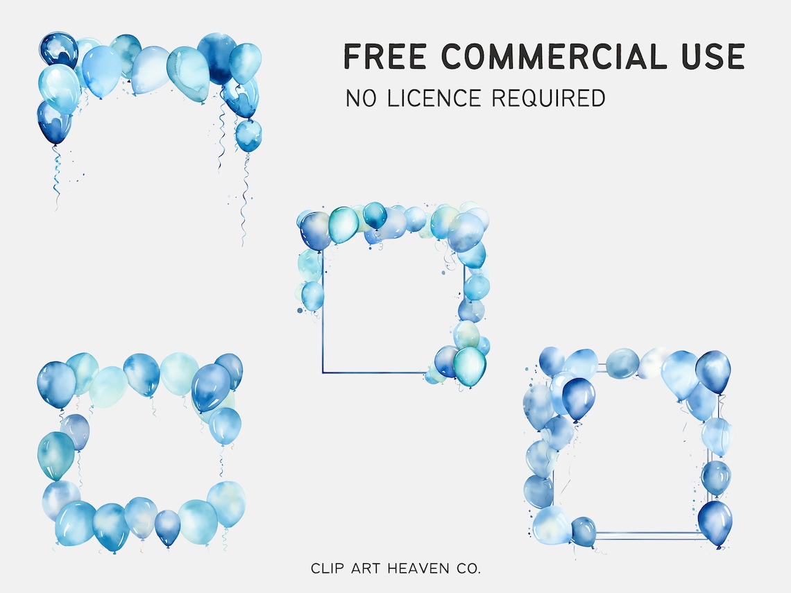 Watercolor Blue Balloon Frames: Birthday Clipart Bundle (digital ...