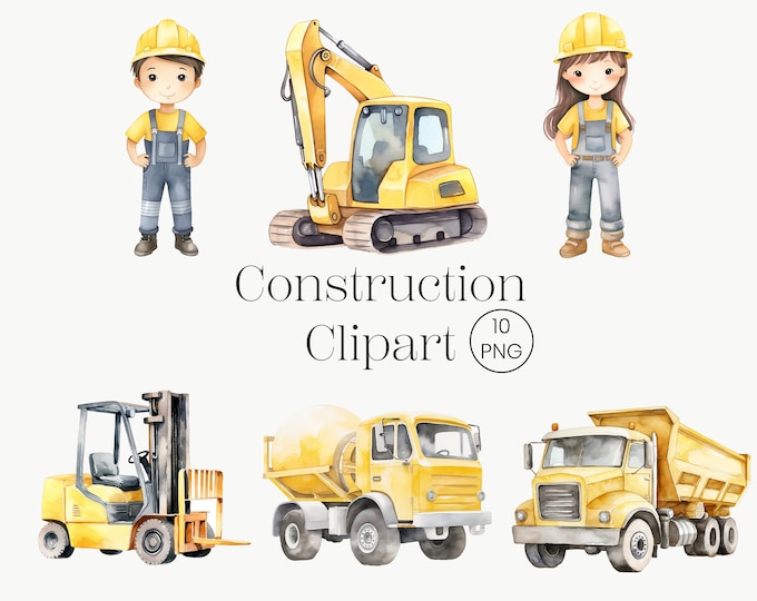 Construction Vehicles Clipart, Watercolor Cute Construction Trucks ...