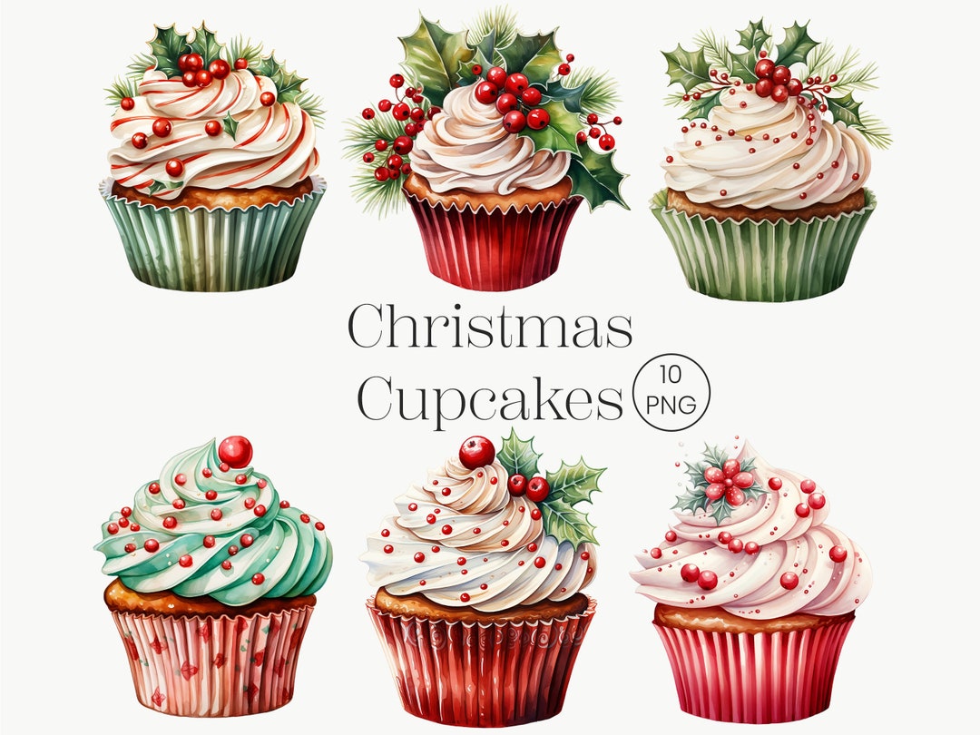 Watercolor Christmas Cupcakes Clipart 10 PNG Christmas Graphics ...