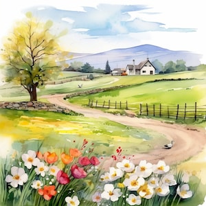 Watercolor Spring Field Clipart 10 JPG Spring Countryside Landscape ...