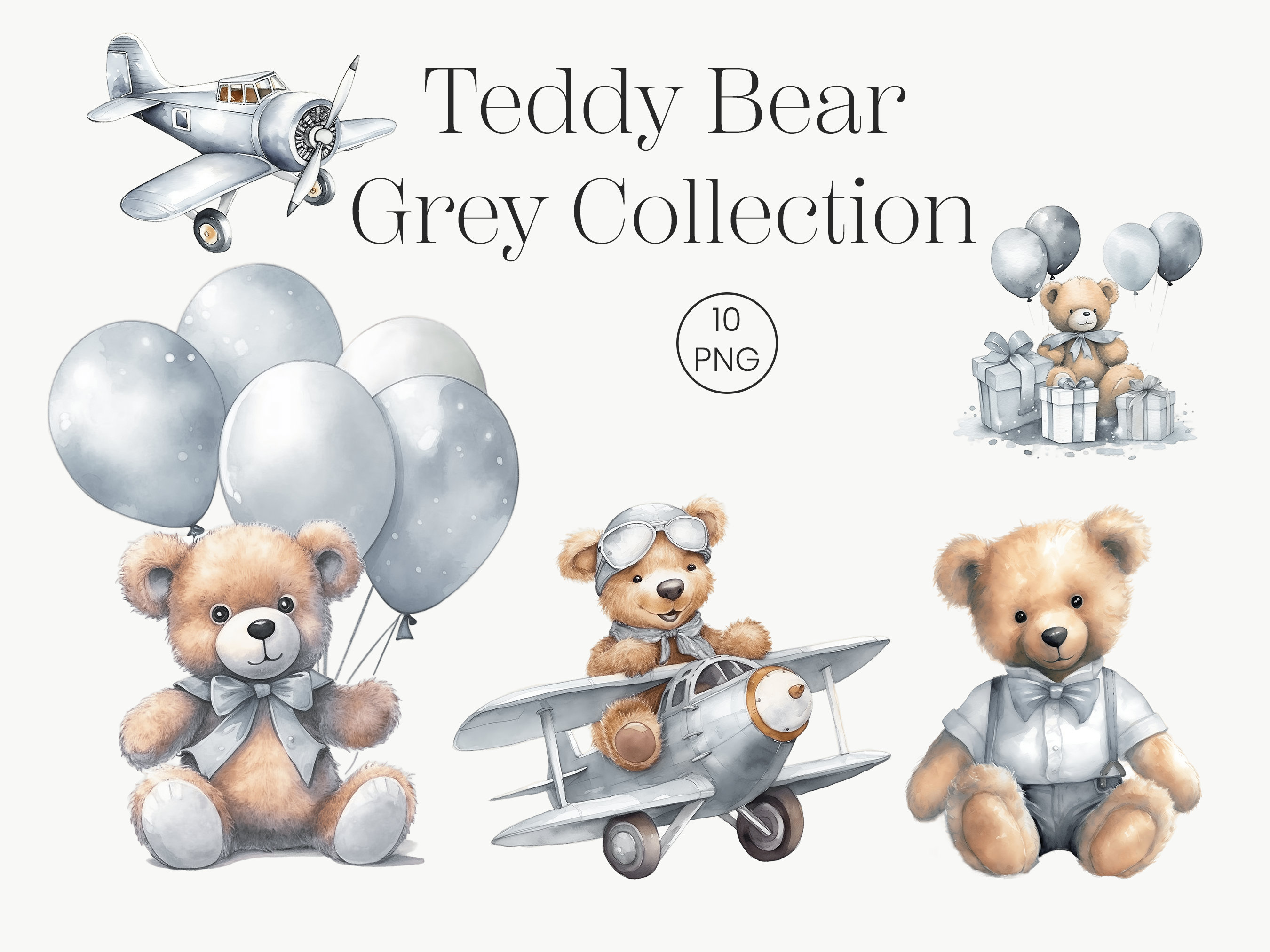 Watercolor Grey Teddy Bear 10 Clipart Light Grey Gift Decor Toy Ballons ...