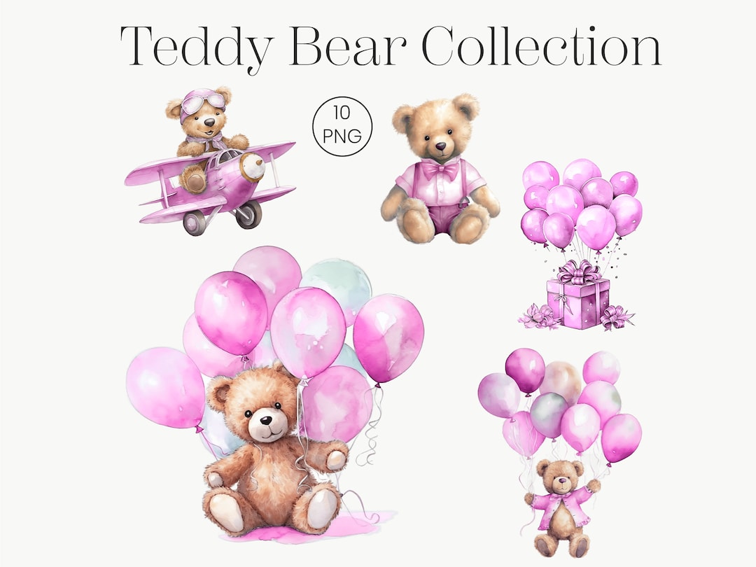 Watercolor Birthday Teddy Bear Clipart Collection | Baby Pink Gift ...
